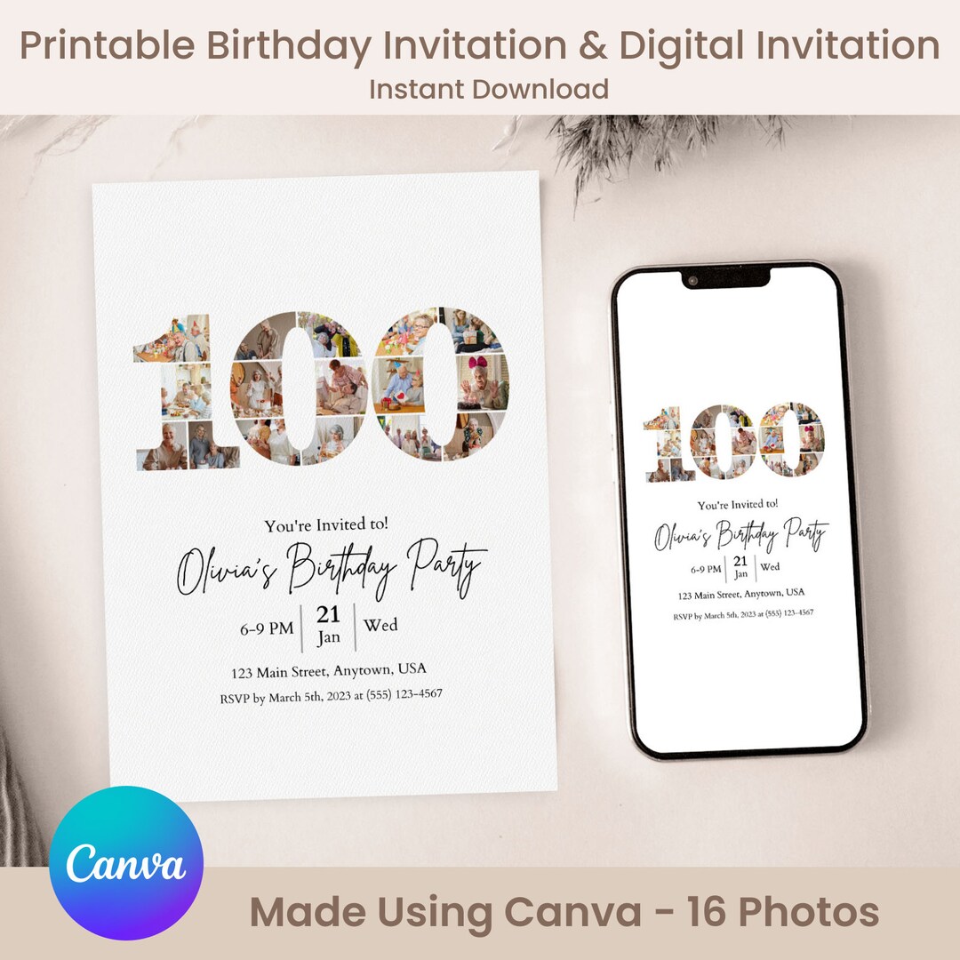 Minimalist 100th Year Birthday Photo Invitation Easy Drag and Drop ...