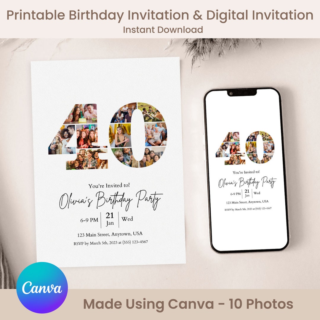 Minimalist 40th Year Birthday Photo Invitation Easy Drag and Drop - DIY ...