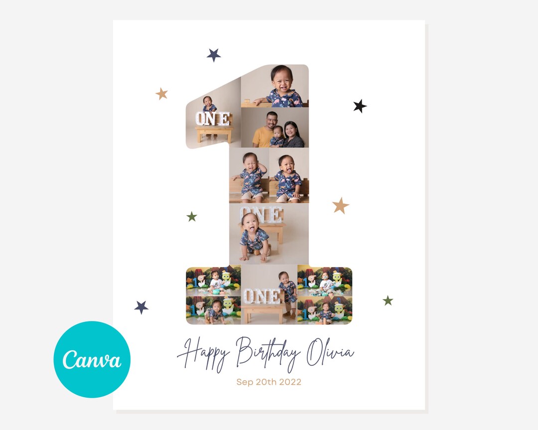 1st Year Birthday Photo Collage Easy Drag and Drop - DIY on Canva ...