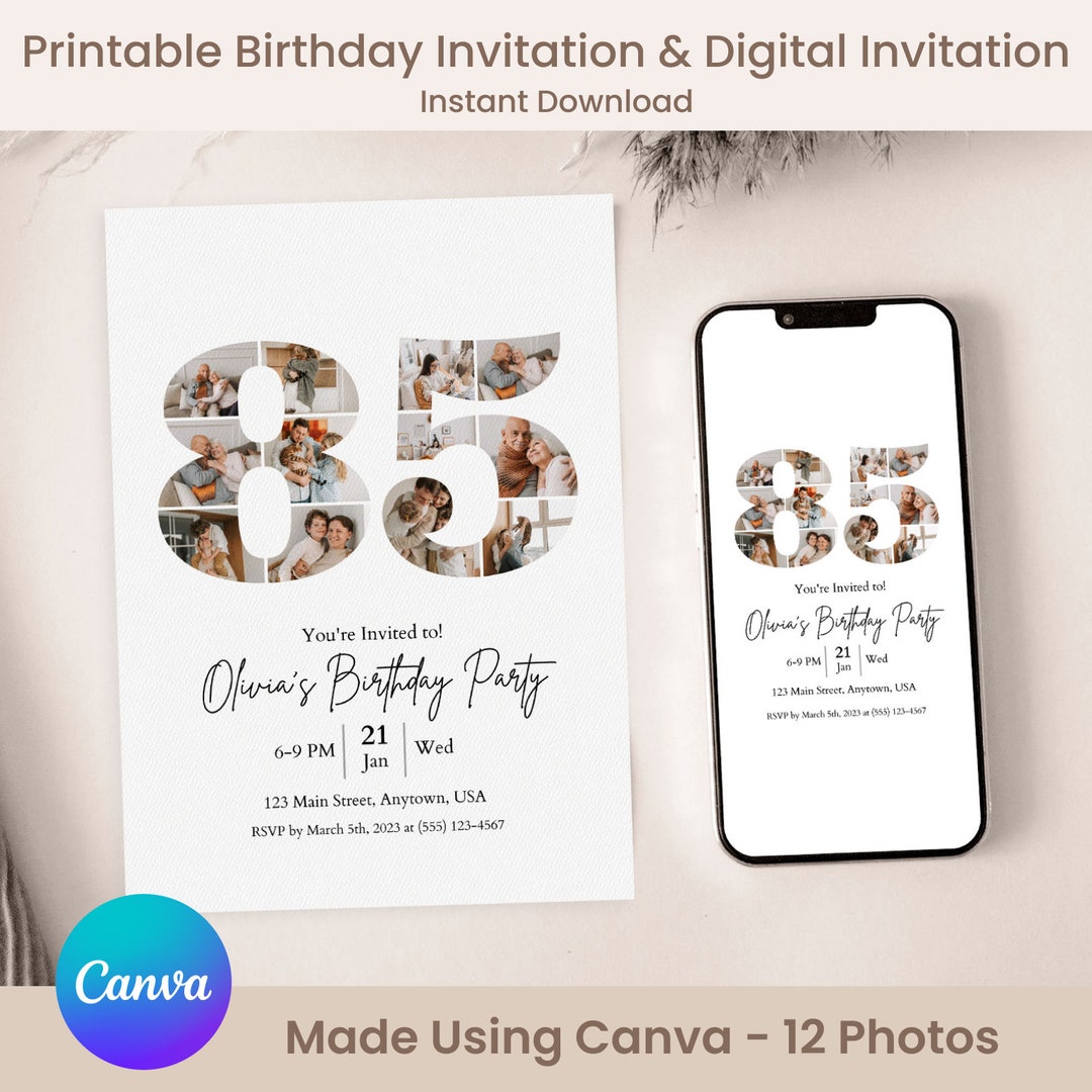 Minimalist 85th Year Birthday Photo Invitation Easy Drag and Drop - DIY ...
