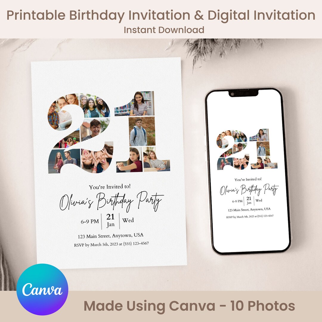Minimalist 21th Year Birthday Photo Invitation Easy Drag and Drop - DIY ...