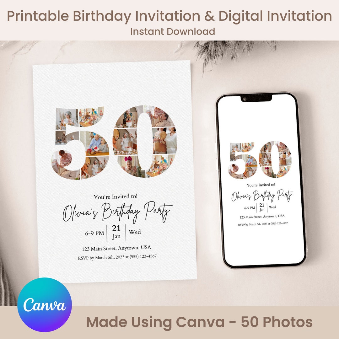 Minimalist 50th Year Birthday Photo Invitation Easy Drag and Drop - DIY on Canva. Fifty Birthday ...