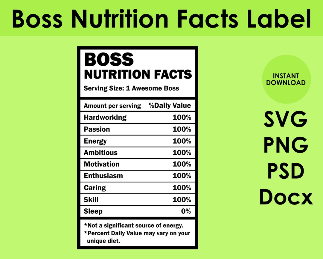 Boss Nutrition Facts Label SVG, PNG, PSD, and Docx - Etsy