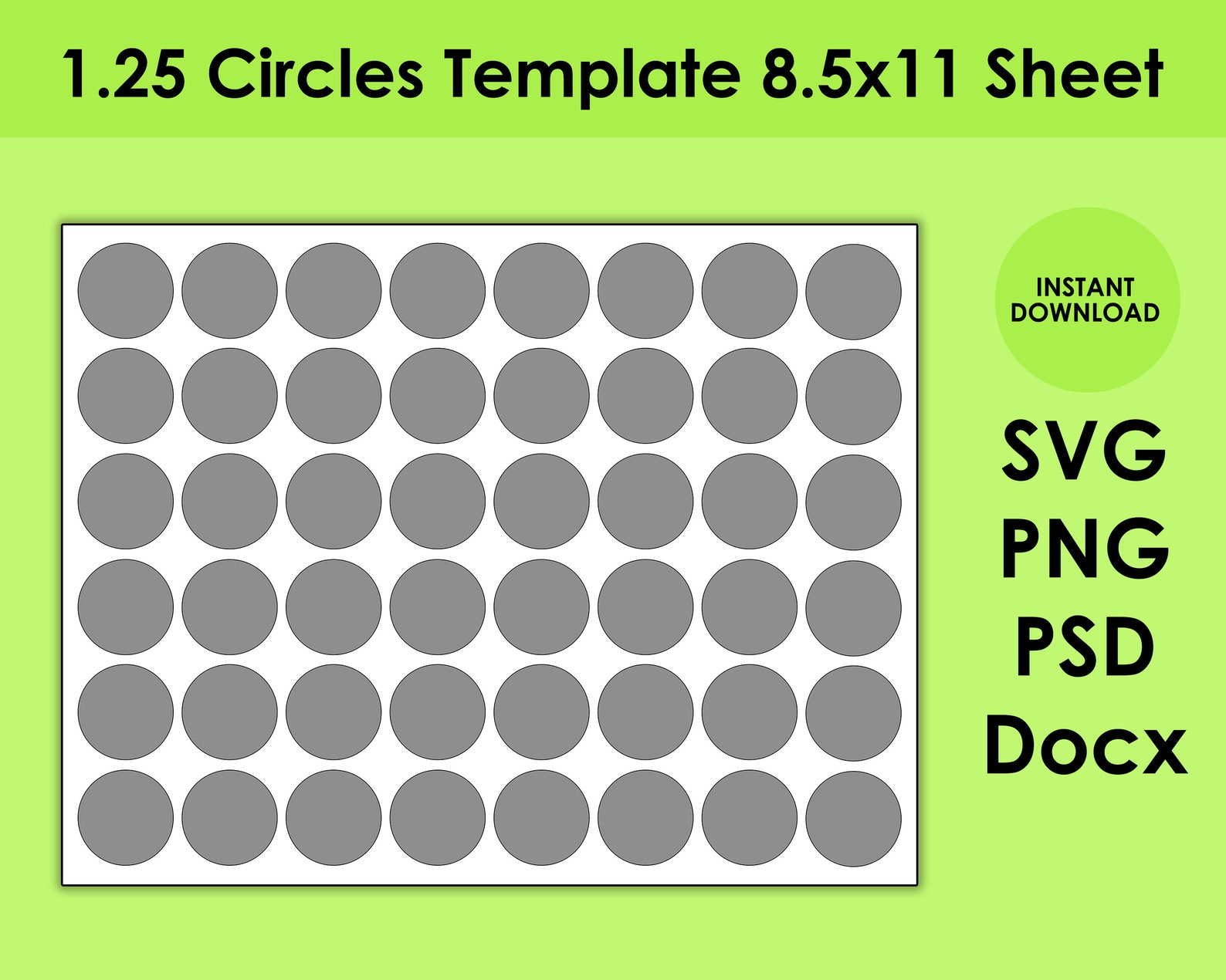 1.25 Circles Template 8.5x11 Sheet SVG, PNG, PSD and Docx - Etsy