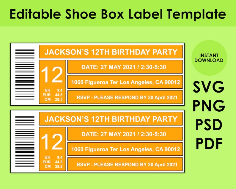 Shoe Box Label Template 8.5x11 Sheet PDF, PNG, PSD and Svg - Etsy