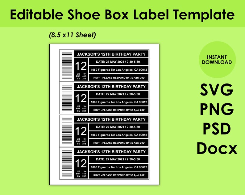 Shoe Box Label Template 8.5x11 Sheet PDF PNG PSD and Docx - Etsy