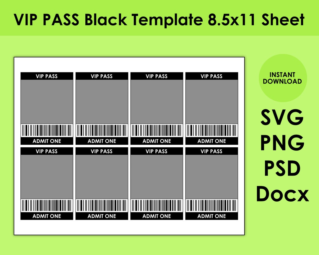 VIP PASS Black Template 8.5x11 Sheet SVG, Png, Psd and Docx - Etsy