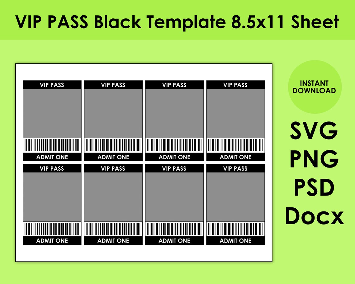 VIP PASS Black Template 8.5x11 Sheet SVG, Png, Psd and Docx - Etsy