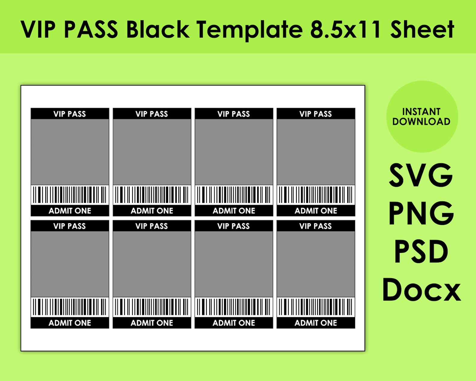 VIP PASS Black Template 8.5x11 Sheet SVG, Png, Psd and Docx - Etsy