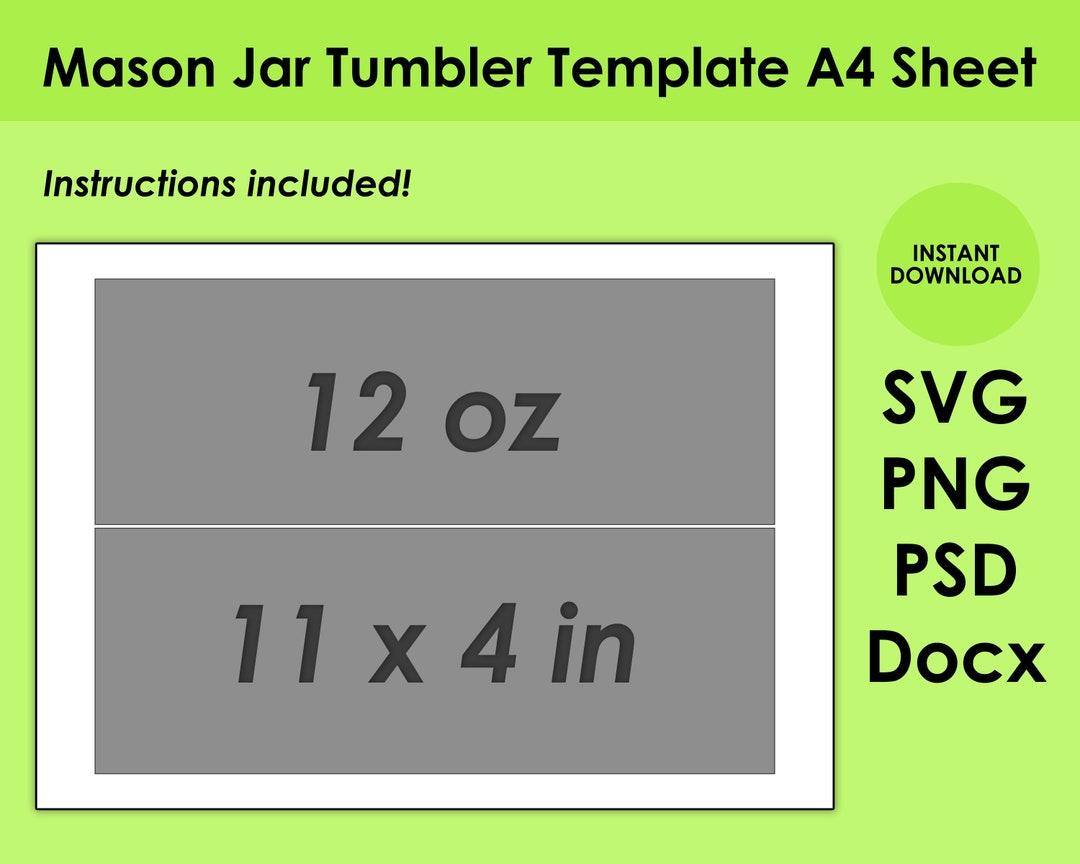 12 Oz Mason Jar Tumbler Template SVG, PNG, PSD and Docx A4 Sheet - Etsy