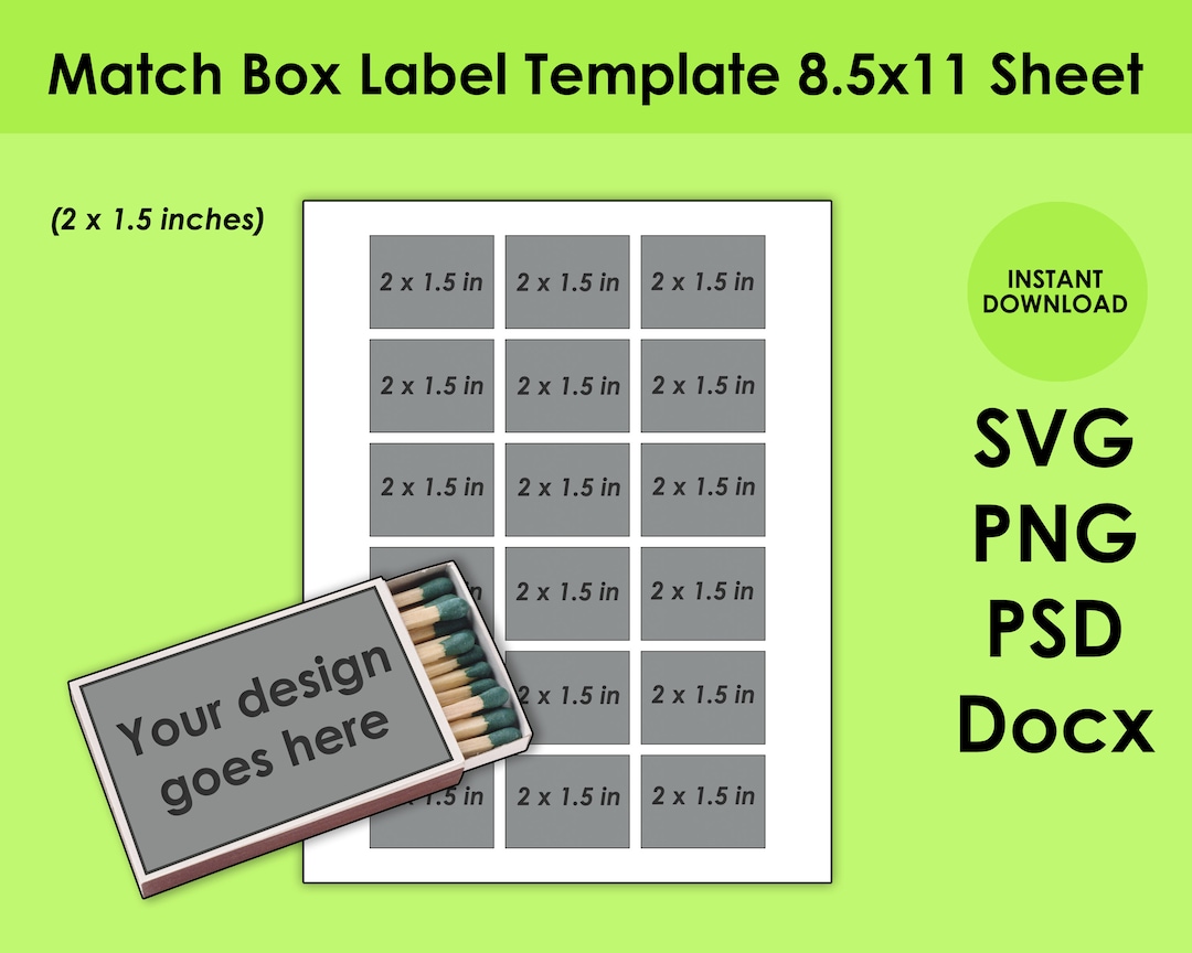 Match Box Label Template SVG, PNG, PSD, and Docx Printable 8.5x11 Sheet ...