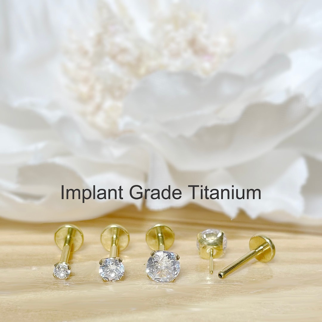 Gold Implant Grade Titanium Threadless Push in CZ Top Labret Bar Stud • 20G/18G/16G • Tragus ...