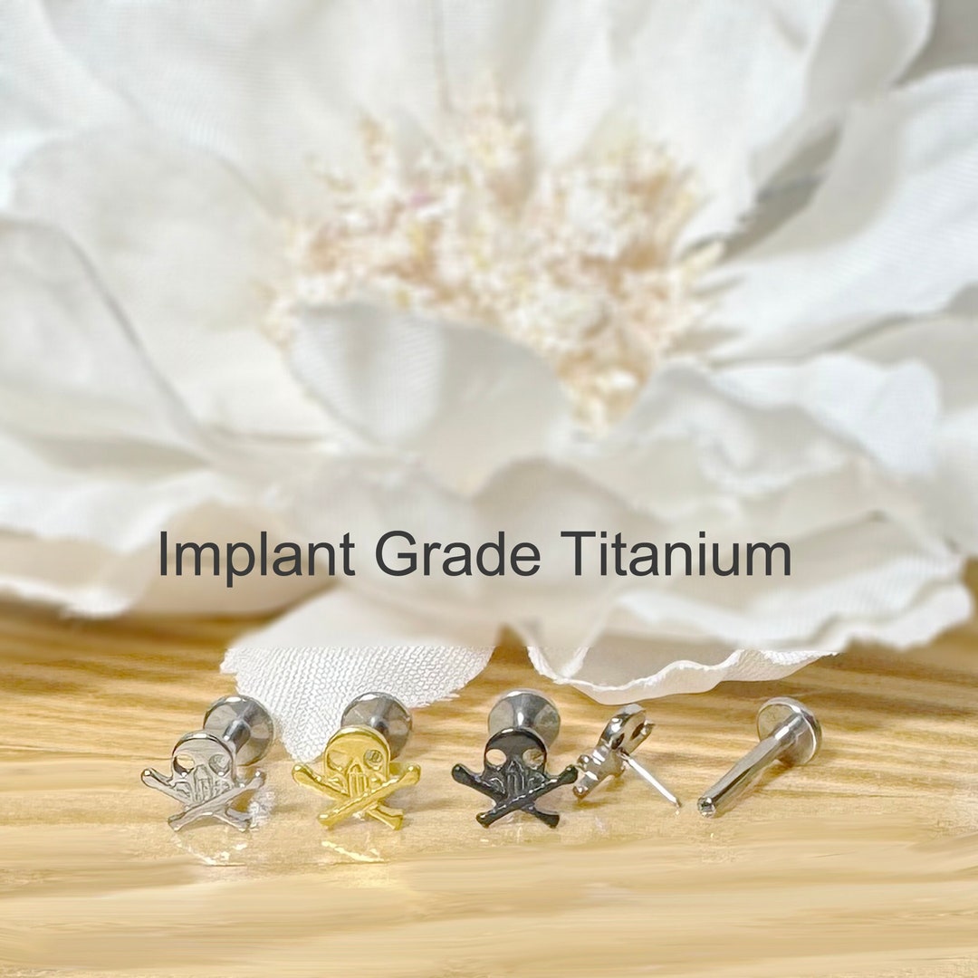 Implant Grade Titanium Threadless Push in Skull Top Labret Bar Stud • 20G/18G/16G • Sold as ...