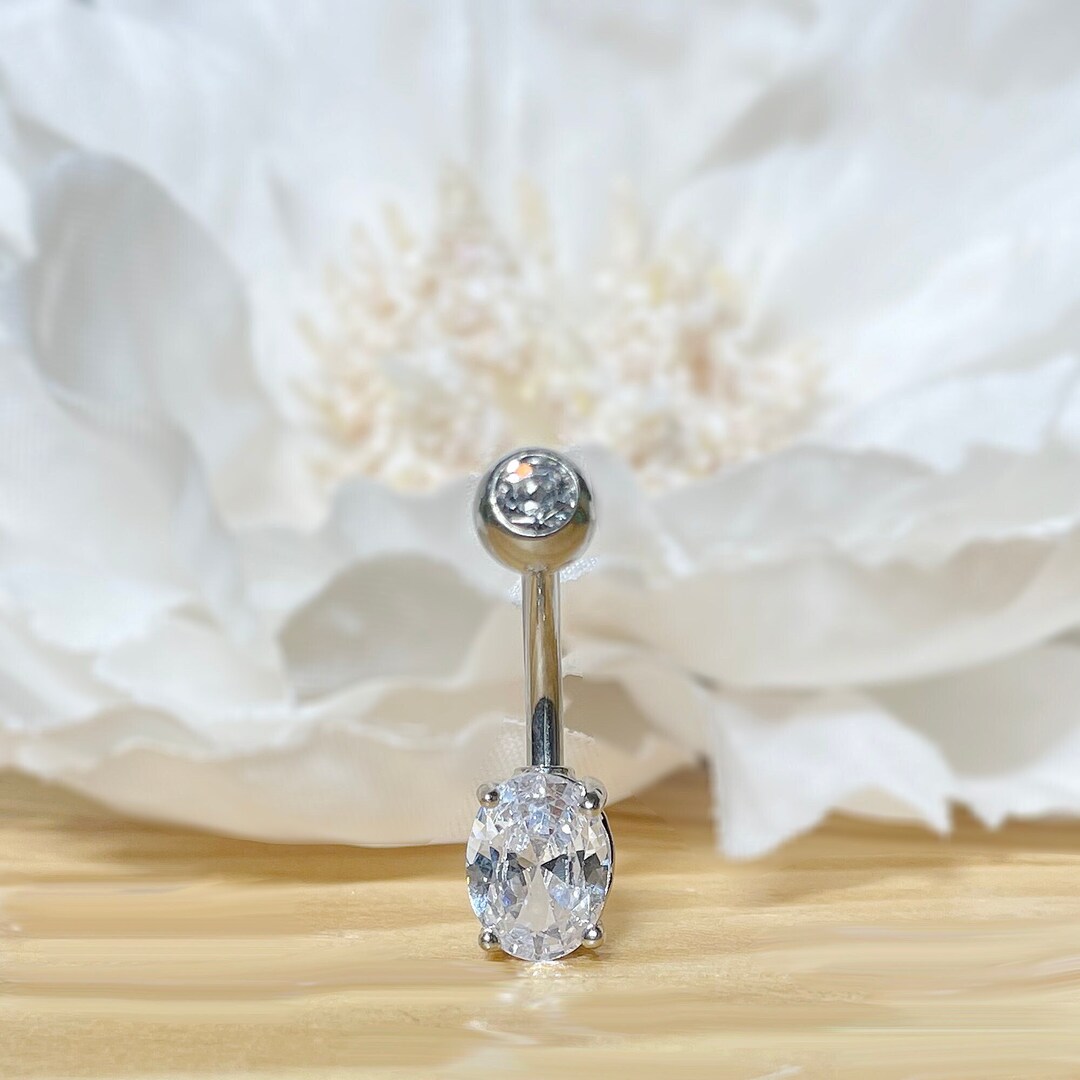 14G Implant Grade Titanium CZ Top and Oval CZ Belly Ring - Etsy