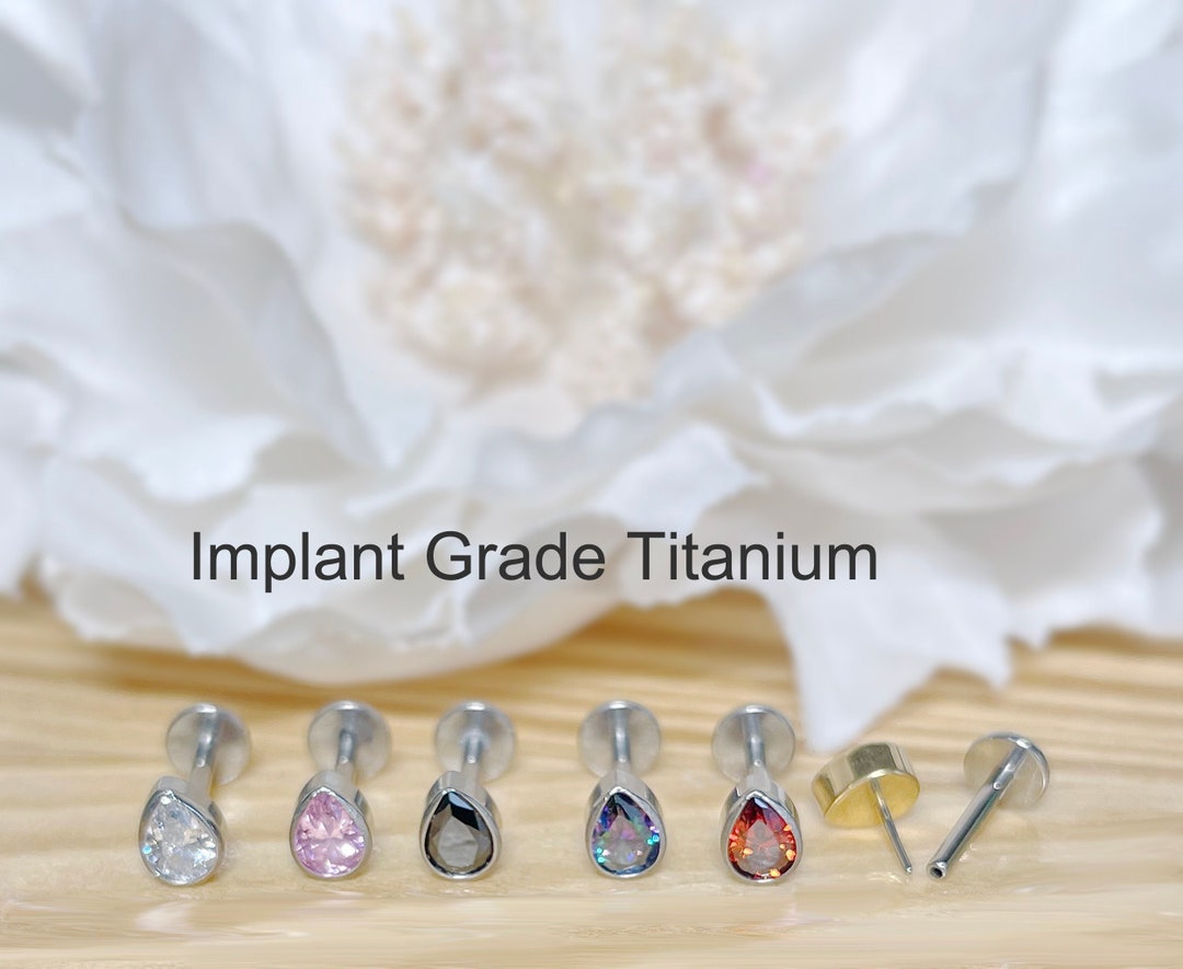 Implant Grade Titanium Threadless Push in Teardrop CZ Top Labret Bar Stud • 20G/18G/16G • Tragus ...
