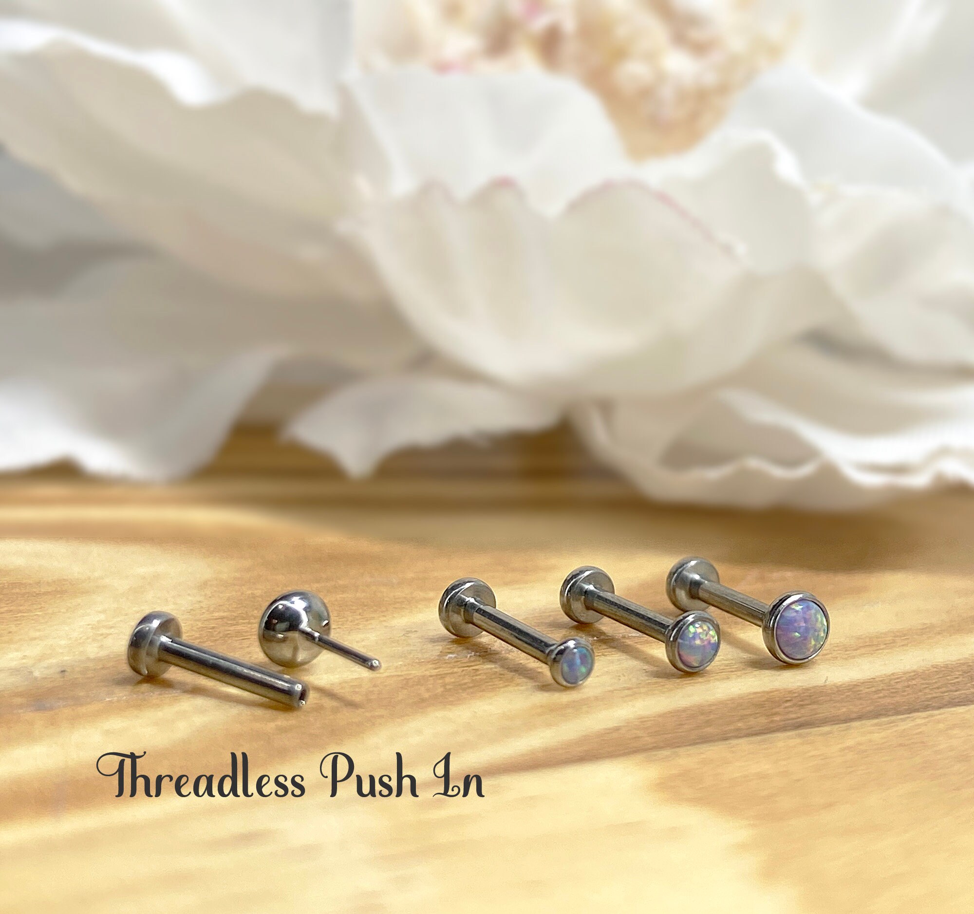 Implant Grade Titanium Threadless Push in Purple Opal Bezel Set Flat ...
