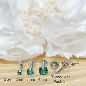 Implant Grade Titanium Threadless Push in Emerald Green CZ Top Labret Bar Stud • 20G/18G/16G ...