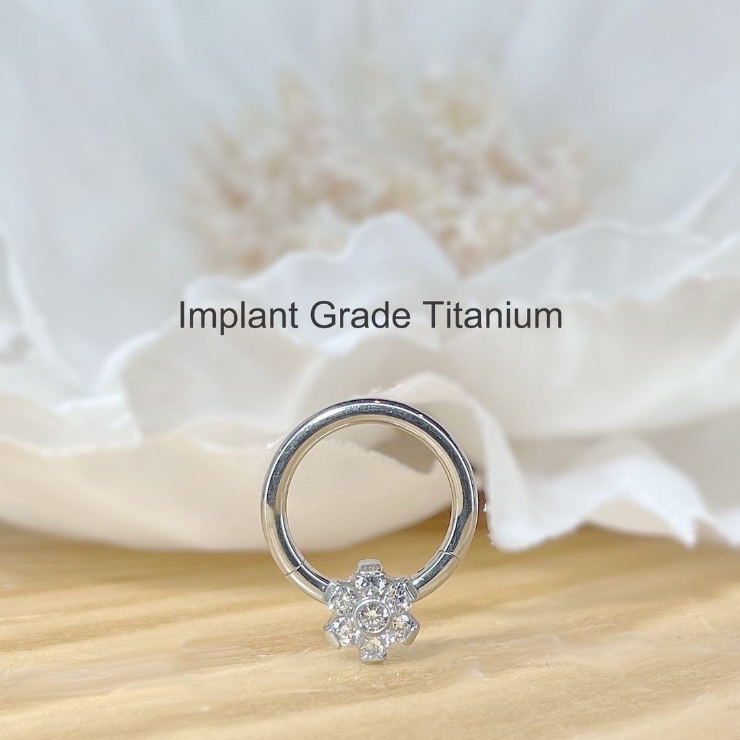 Implant Grade Titanium 16G/18G 8mm CZ Flower Hinged Clicker Hoop • Gold Flower Segment Ring ...