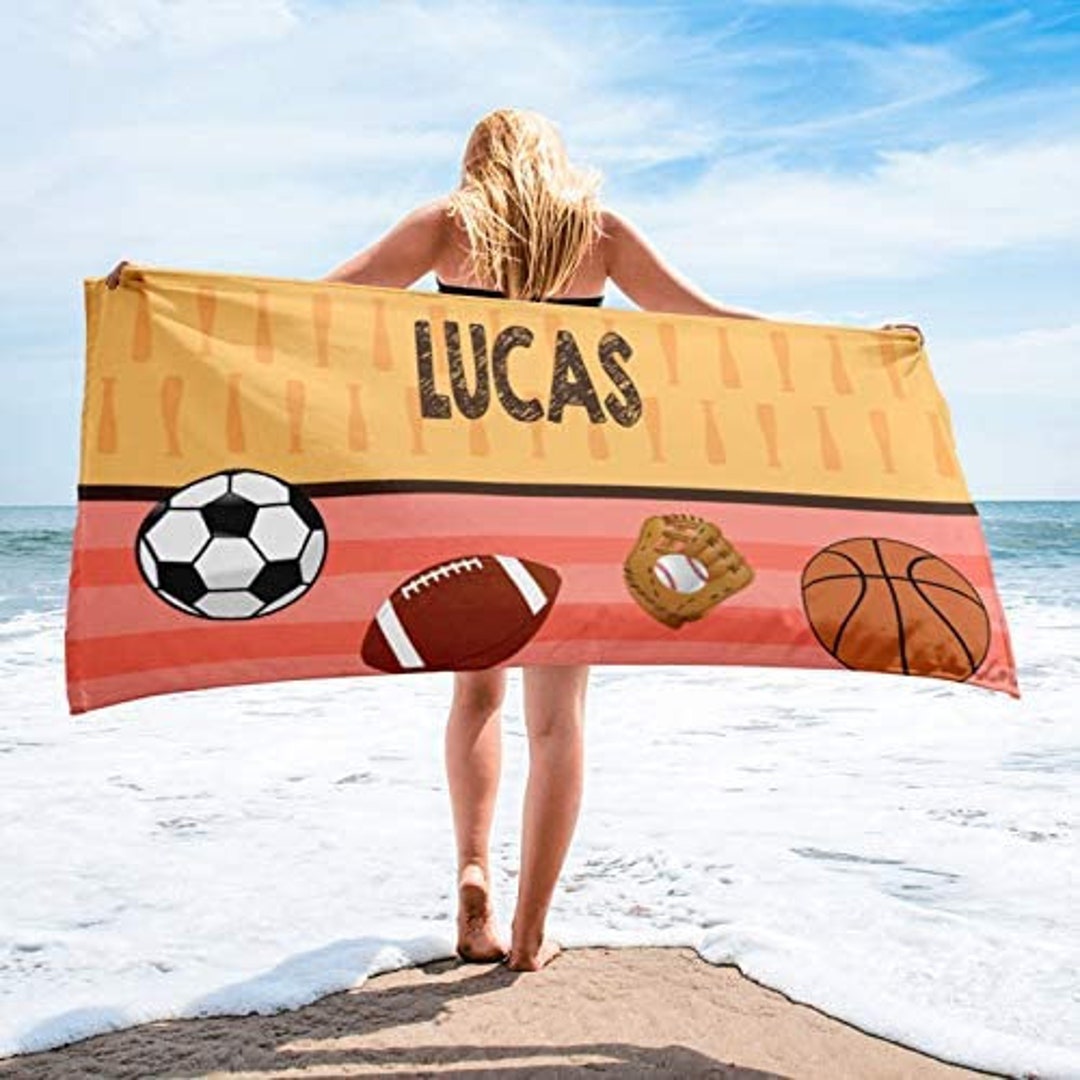 Personalized Sports Beach Towel, Custom Name With Soccer, Football ...