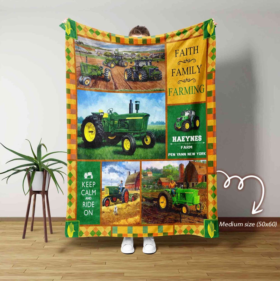 Custom Green Tractor Blanket, Blanket for Farmer, Faith Family Farming ...