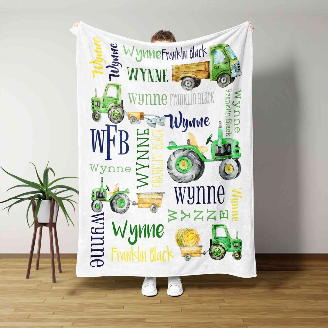 Custom Baby Blanket, Green Tractors Blanket, Name Blankets, Family ...