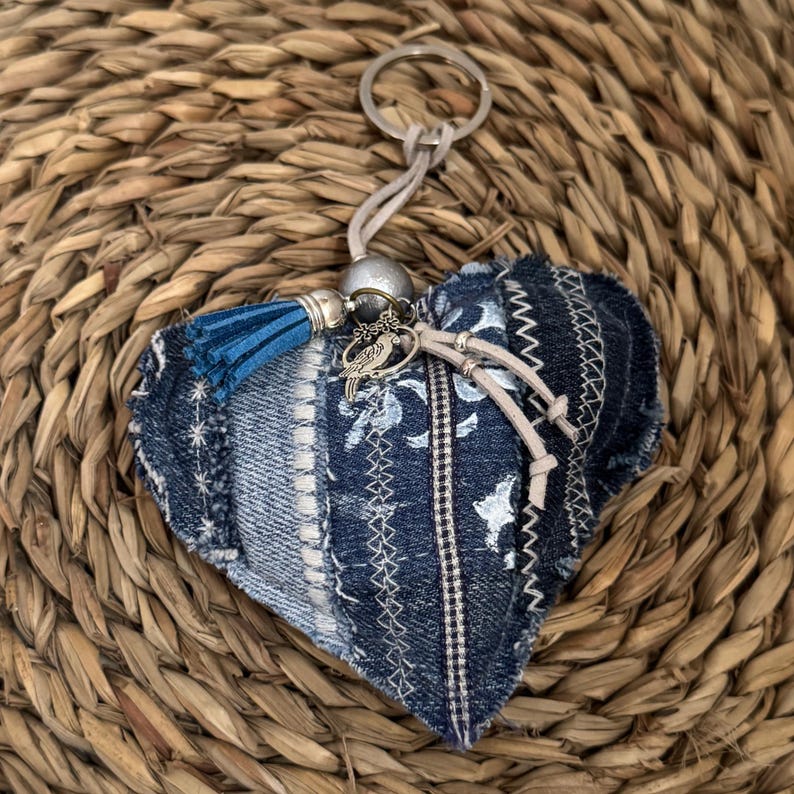 Denim Heart Charm, Small Love Gift Love Heart Key Ring, Handbag Charm ...