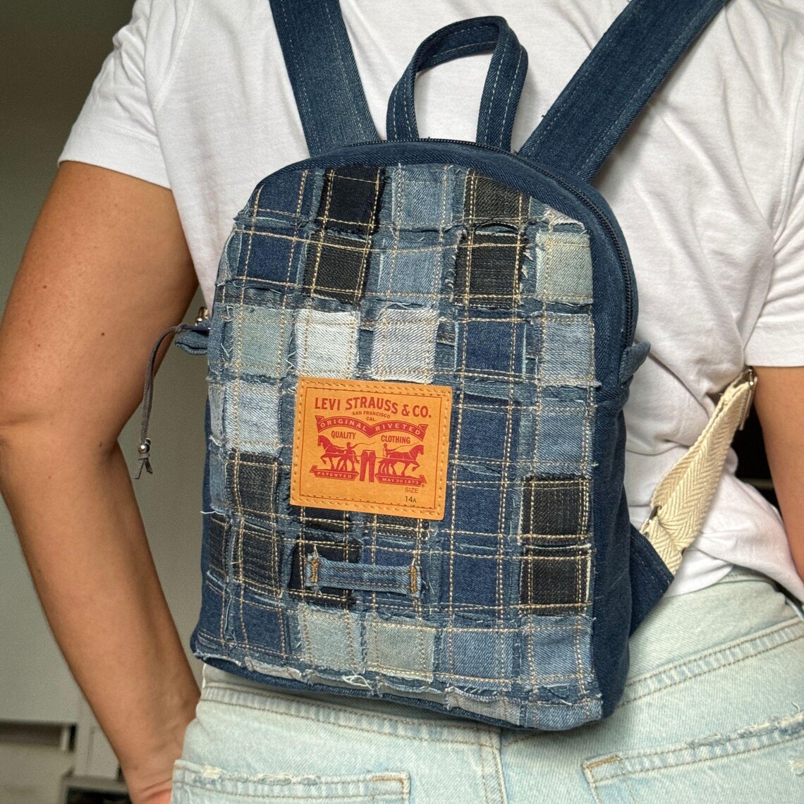 Handmade Recycled Levi's Denim Mini Backpack: Casual Patchwork Bag - Etsy