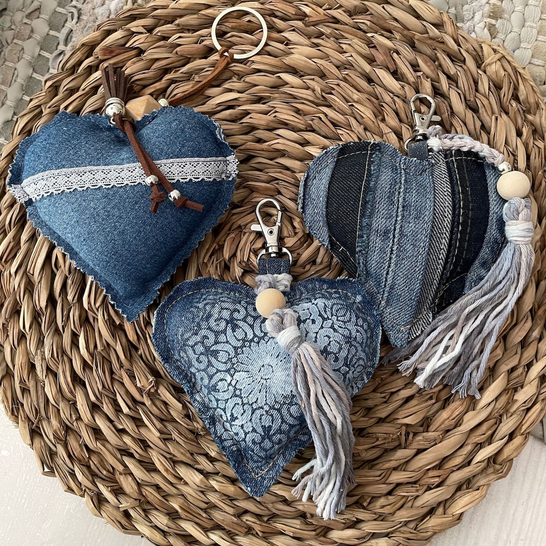 Recycled Denim Heart Keychain: Eco-friendly Bag Charm - Etsy