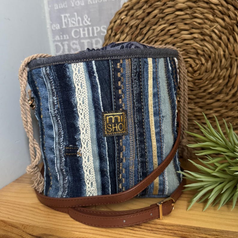 Handmade Upcycled Denim Bucket Bag – Unique Patchwork Purse With ...