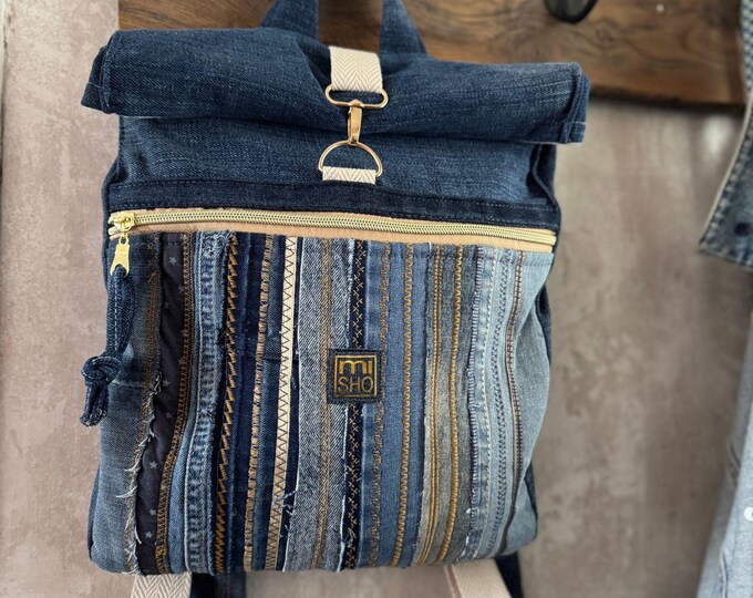 Upcycled Denim Roll Top Backpack – Handmade Recycled Jeans Bag – Eco ...