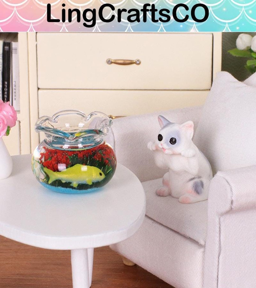 Dollhouse Round Fish Tank, Miniature Cat Ornament, Imitation Fish Tank ...