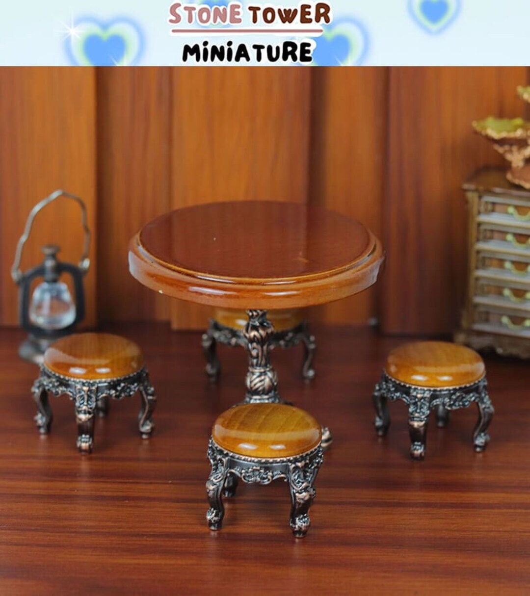 Miniature Table and Chairs,dollhouse Round Chairs,miniature Brown Table ...