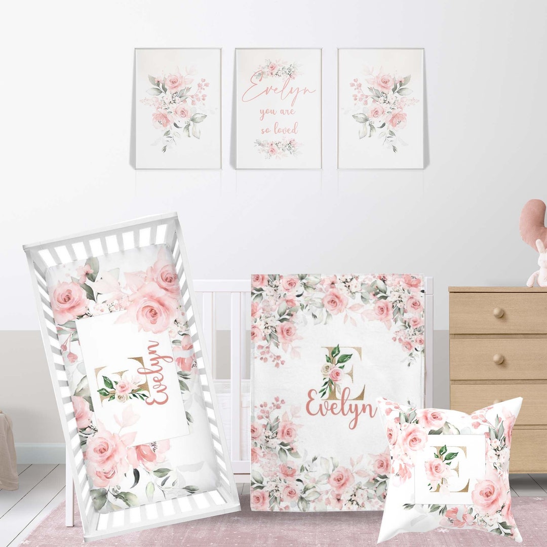 Floral Crib Bedding Set, Girl Crib Bedding, Pink Roses Nursery, Pink ...