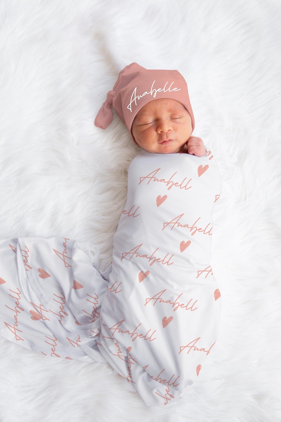 Pink Hearts Girl Swaddle Blanket Set, Custom Newborn Baby Girl Coming ...