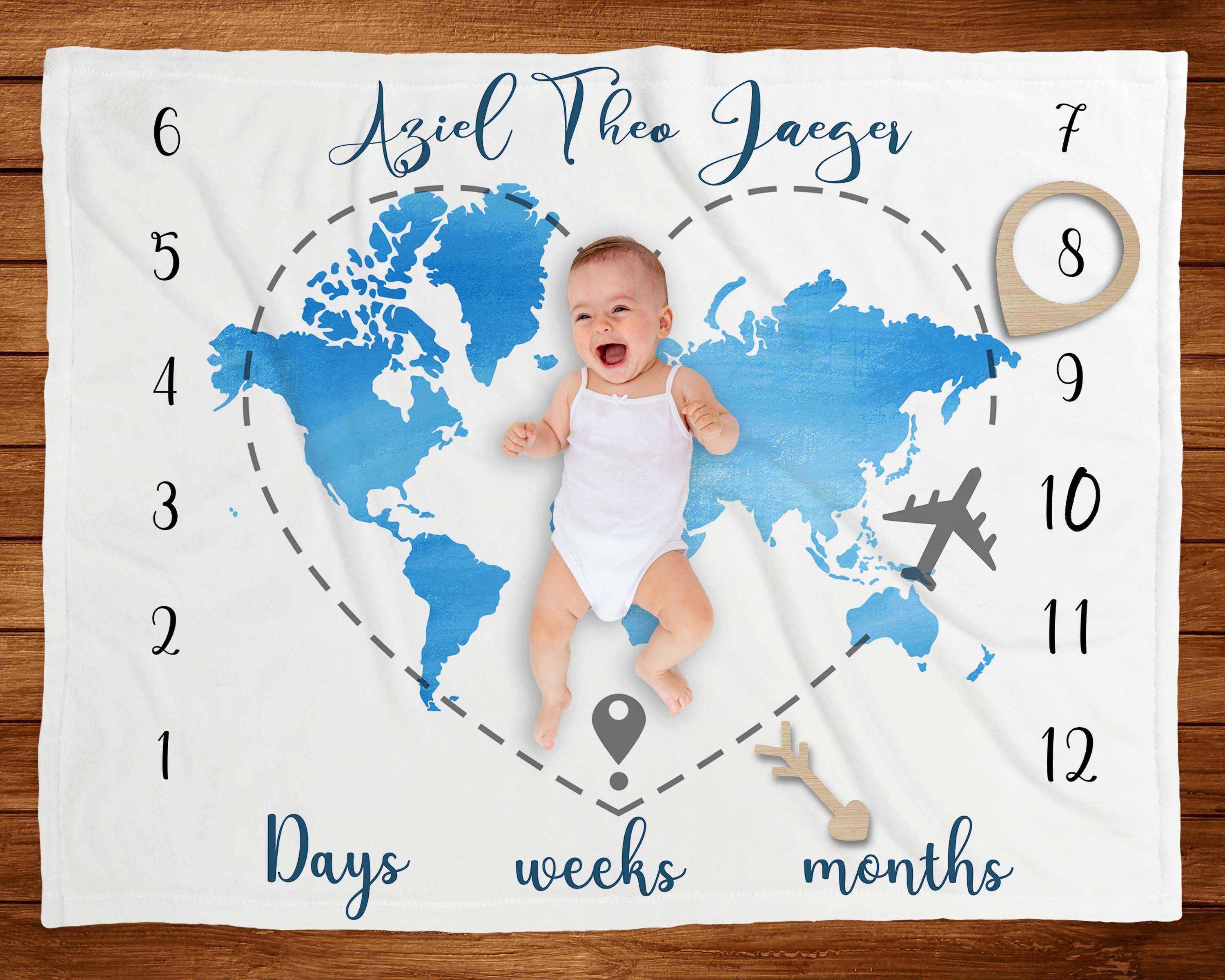 Baby Milestone Blanket Boy World Map Baby Monthly Blanket With Markers ...
