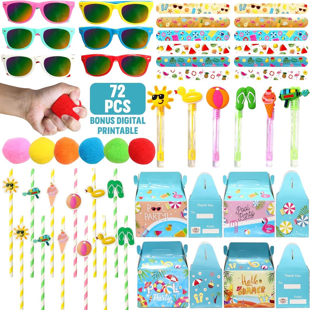 Pool Party Favor 72 PCS Summer Beach Treat Box Slap Bracelets Sunglass ...