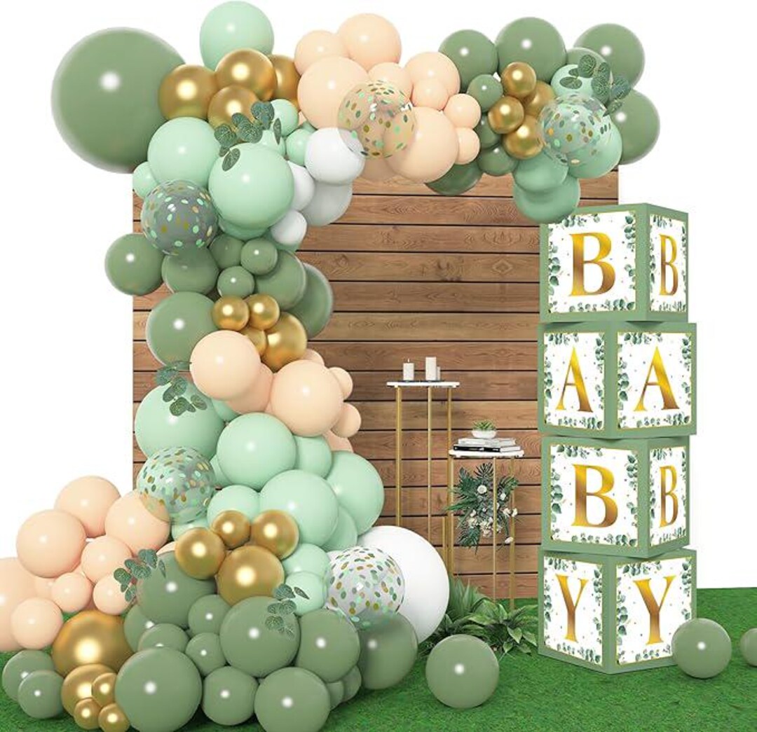 Sage Green Baby Shower Decorations: Balloon Garland Kit & BABY Blocks ...