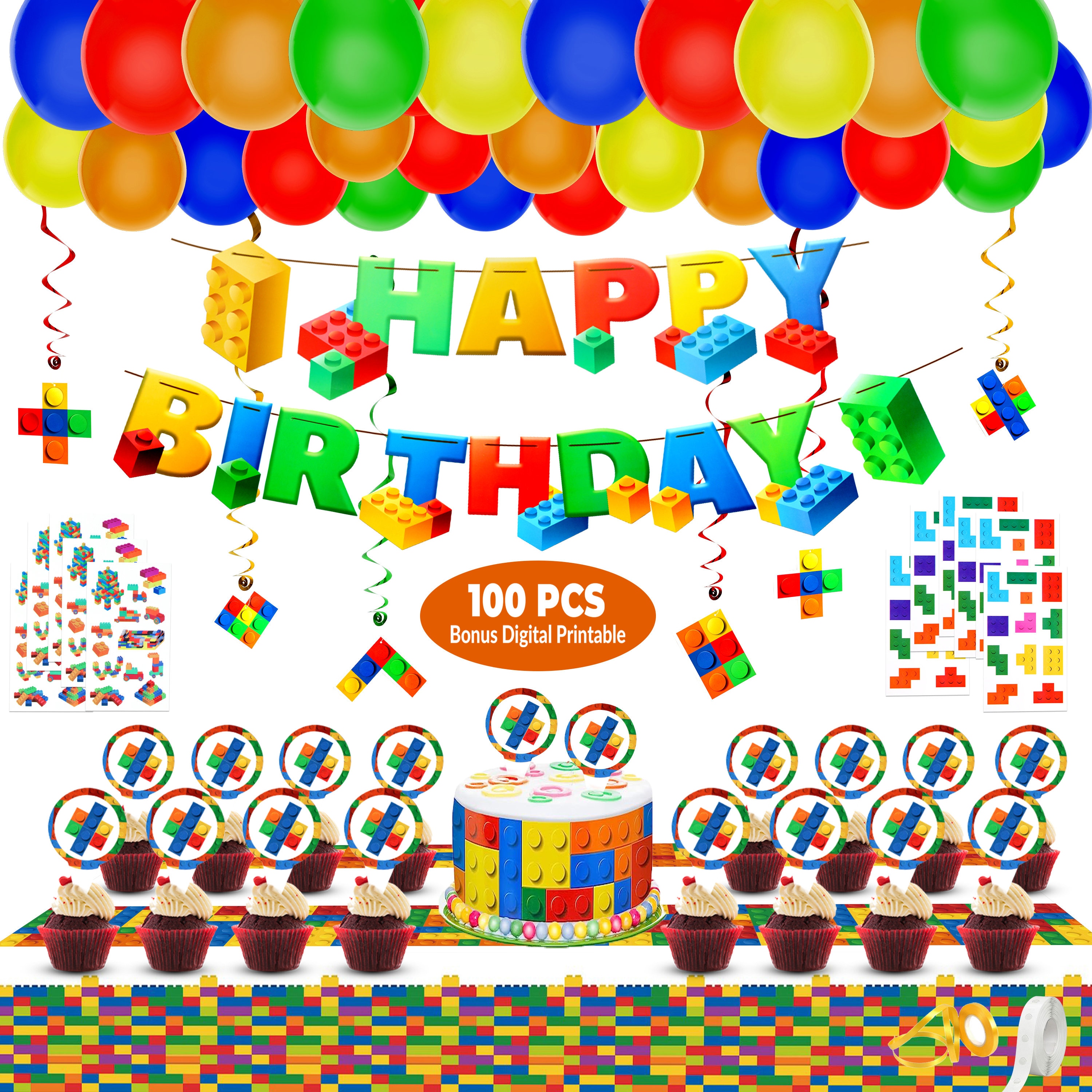 100 Pcs Building Block Birthday Decorations, Happy Birthday Banner ...