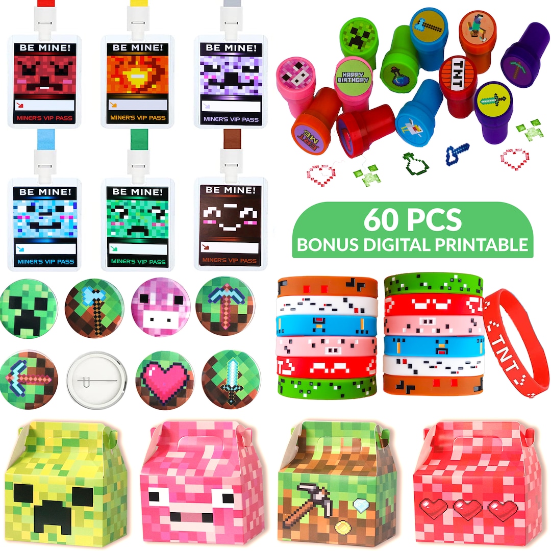60 Pc Pixel Style Miner Birthday Party Favors - 12 Set of Miner Pass ...