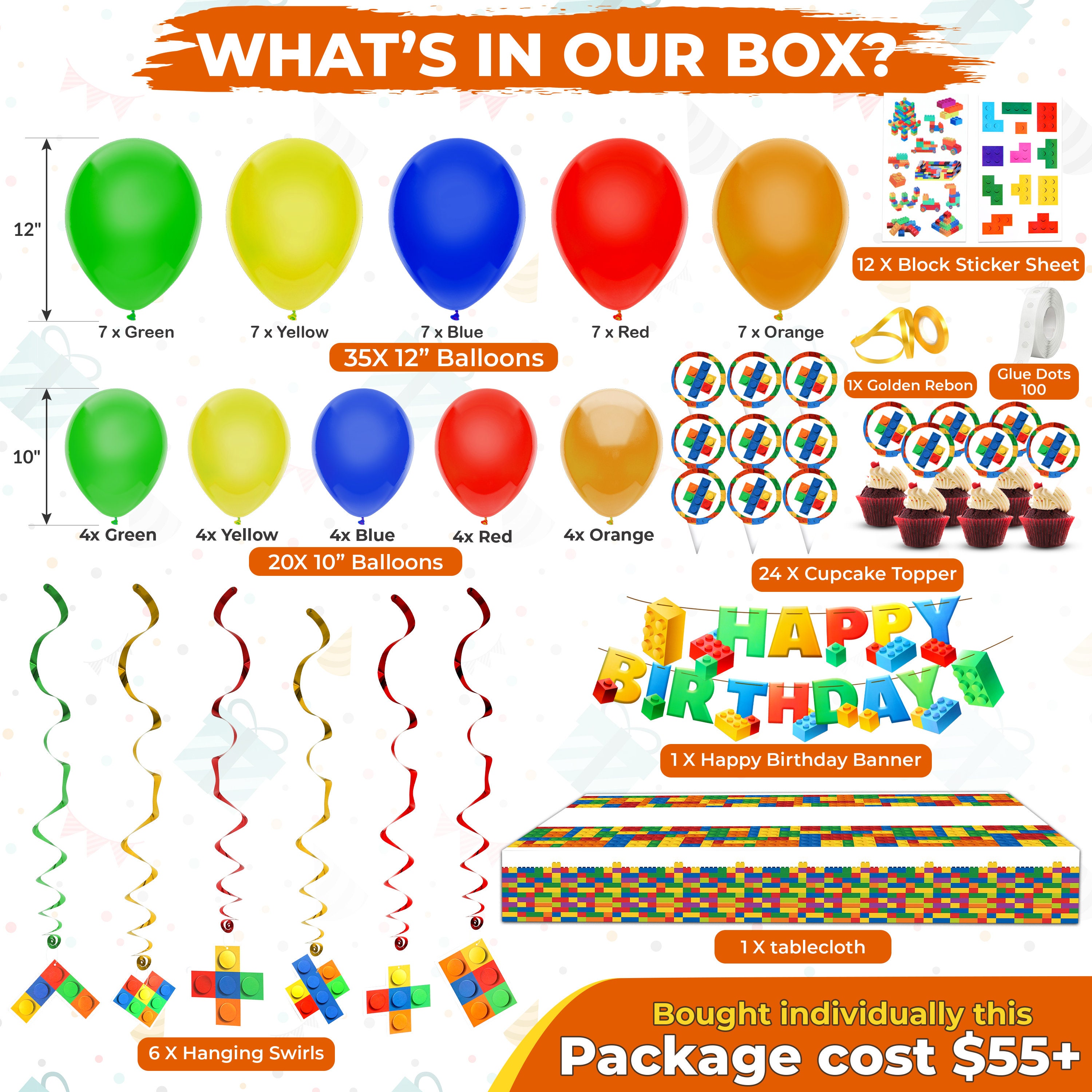 100 Pcs Building Block Birthday Decorations, Happy Birthday Banner ...