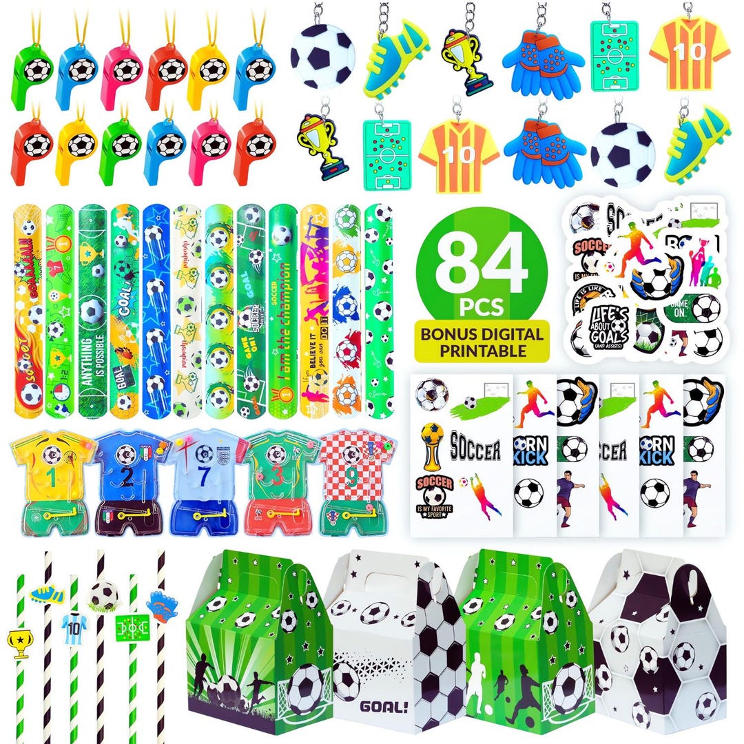 84 Pc Soccer Party Favors, 12 Set of Soccer Straws Whistle Wristband ...