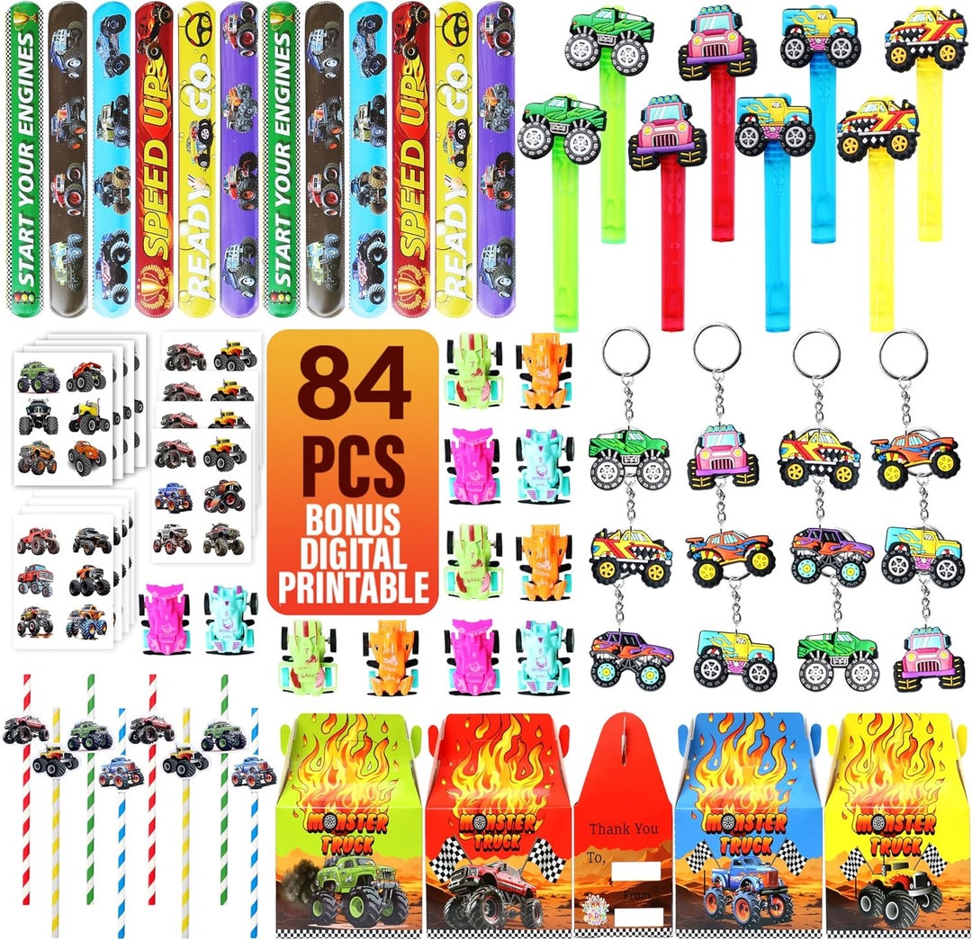 84 PCS Monster Truck Party Favor Mini Pull Cars Treat Box Slap ...