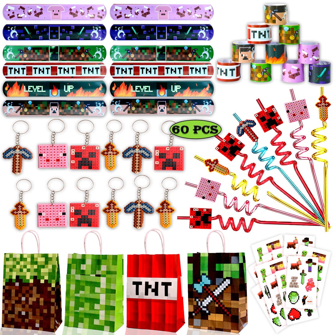 60 Pc Miner Theme Party Favors, Pixel Treat Bags, Keychains, Slap ...