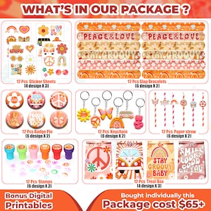 72 Pc Groovy Party Favors Set of 12 Retro Theme Slap Bracelet Keychain ...