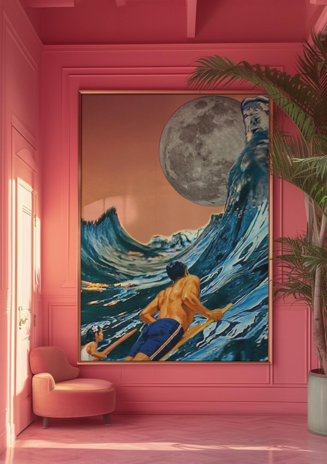 Surfer Moon Wave - Retro Beach Surf Wall Art Print for Cool Coatal Girl ...