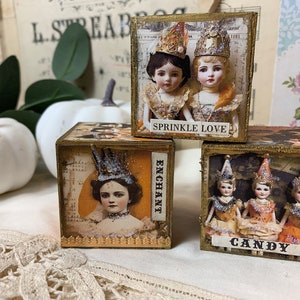 Halloween Decorated Wood Blocks Home Decor Cute Antique Dolls Gift Idea ...