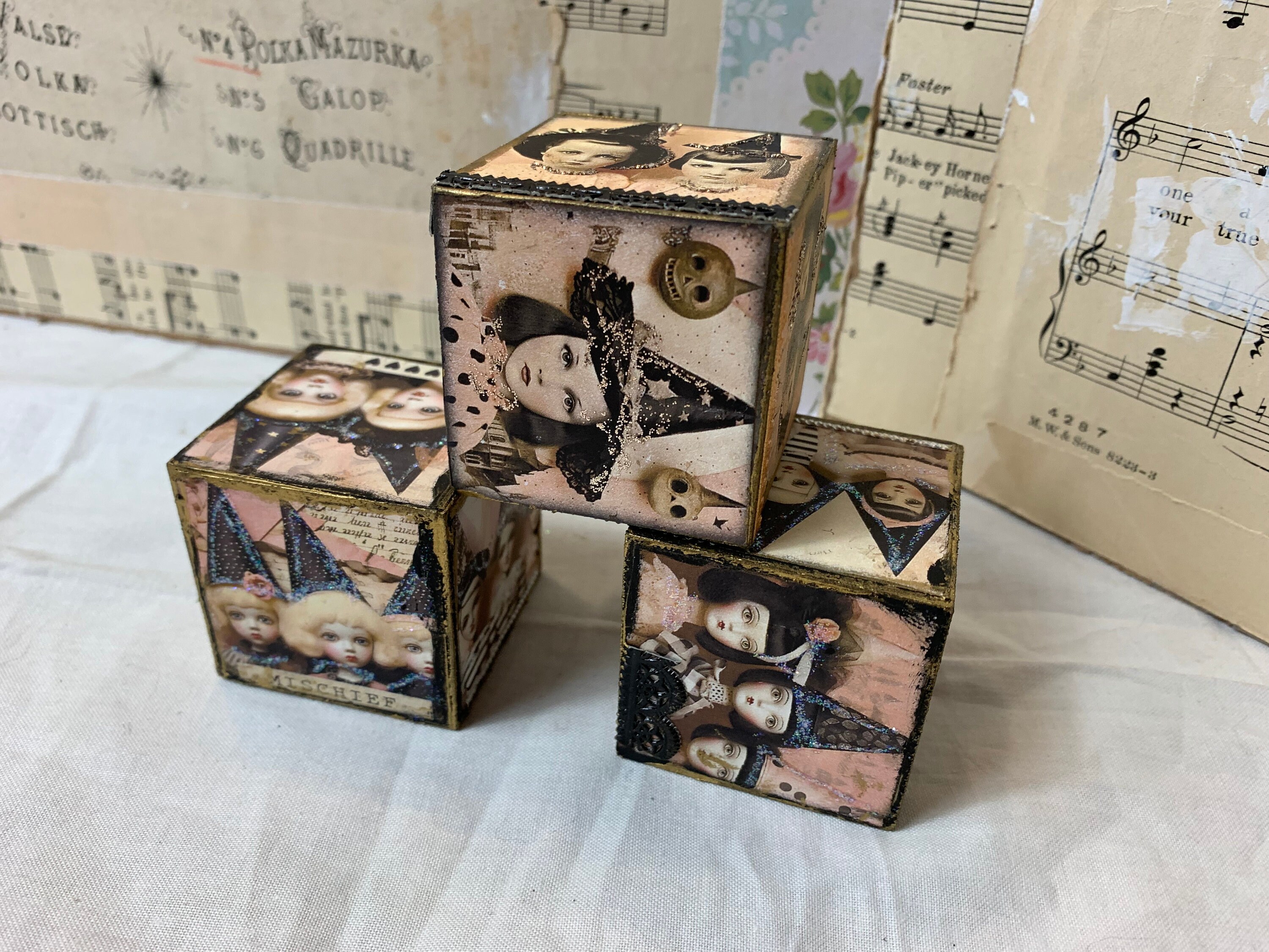 Halloween Decorated Wood Blocks Home Decor Cute Antique Dolls Gift Idea ...