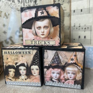 Halloween Decorated Wood Blocks Home Decor Cute Antique Dolls Gift Idea ...
