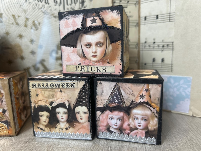 Halloween Decorated Wood Blocks Home Decor Cute Antique Dolls Gift Idea ...