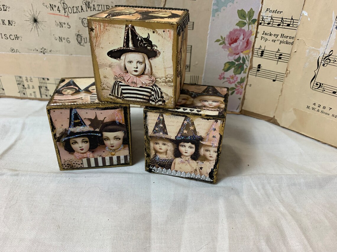 Halloween Decorated Wood Blocks Home Decor Cute Antique Dolls Gift Idea ...